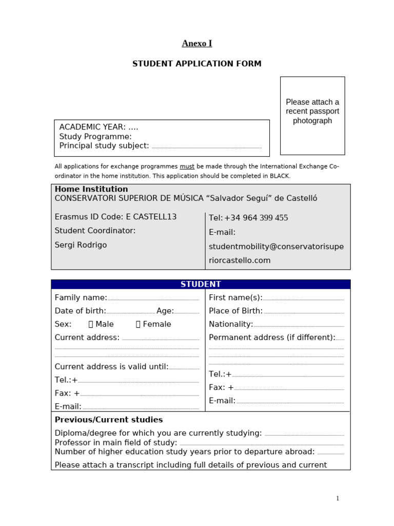 Anexo I. Student Application Form SMS Word | PDF