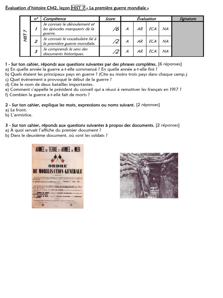 La Premiere Guerre Mondiale Evaluation | PDF | Première guerre mondiale ...