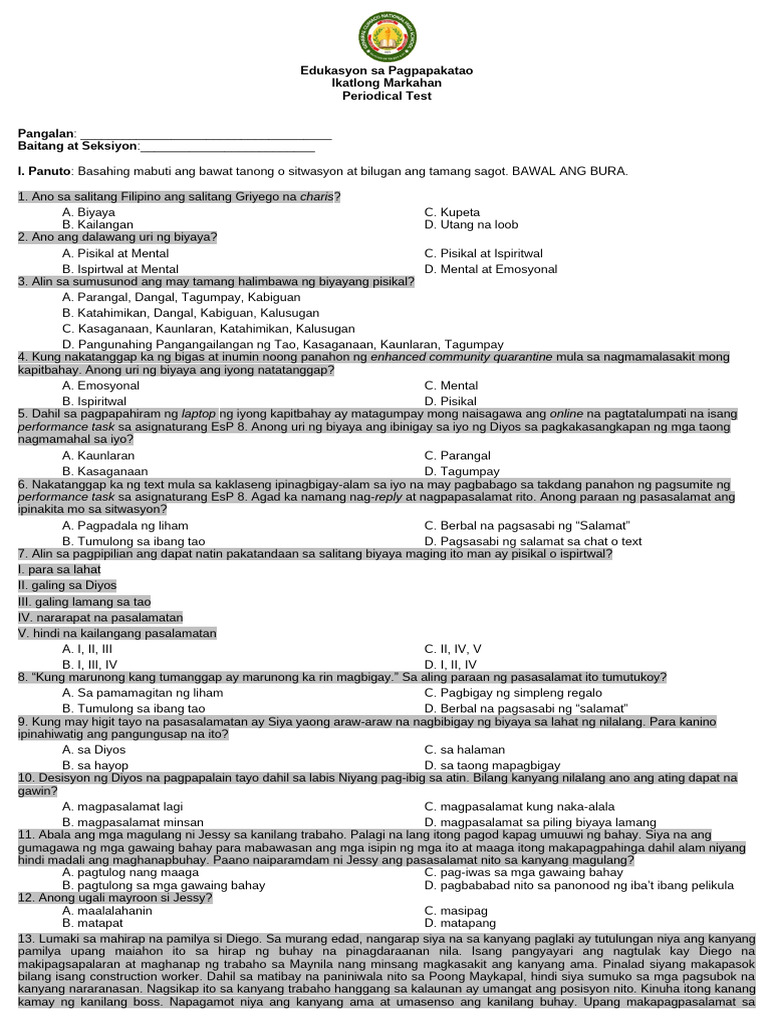 ESP Q3 Pre-Test (36 ITEMS) | PDF