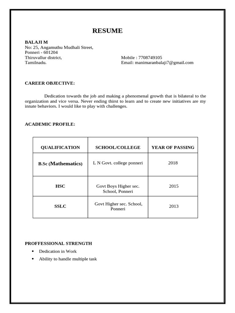 Resume of Balaji M - B.Sc Mathematics | PDF
