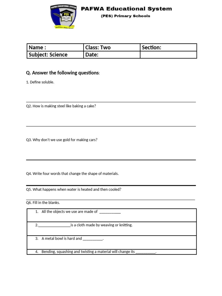SCIENCE (Unit-4) Grade-2 Worksheer | PDF