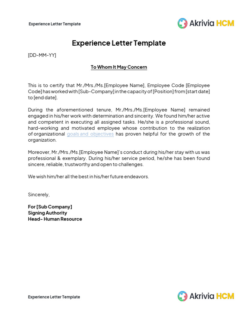 Experience Letter Template for Employees | PDF