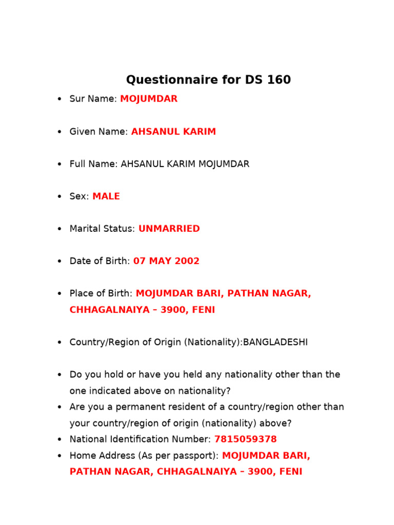 DS 160 Questionnaire Format | PDF | Travel Visa | Zip Code