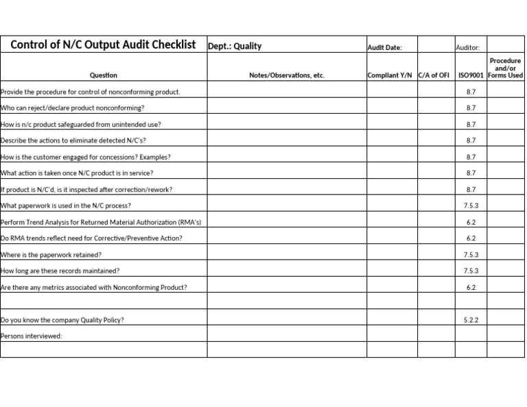 Control of NC Product Audit Checklist | PDF | Audit | Iso 9000