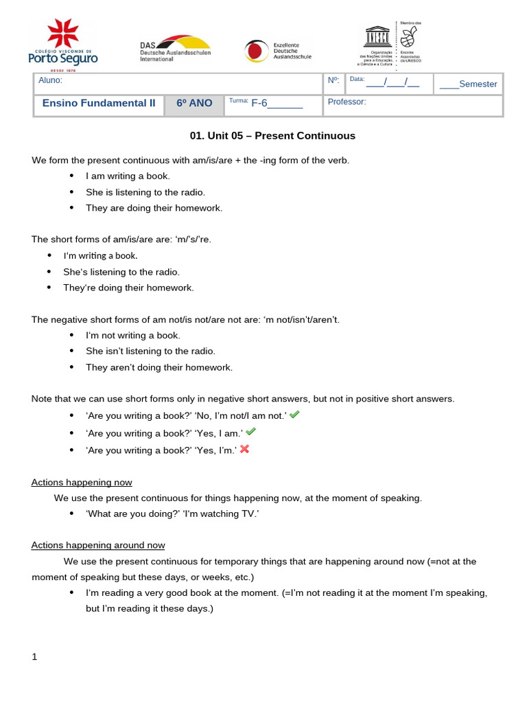 Unit 05 - Present Continuous | PDF | Languages | Foreign Language Studies