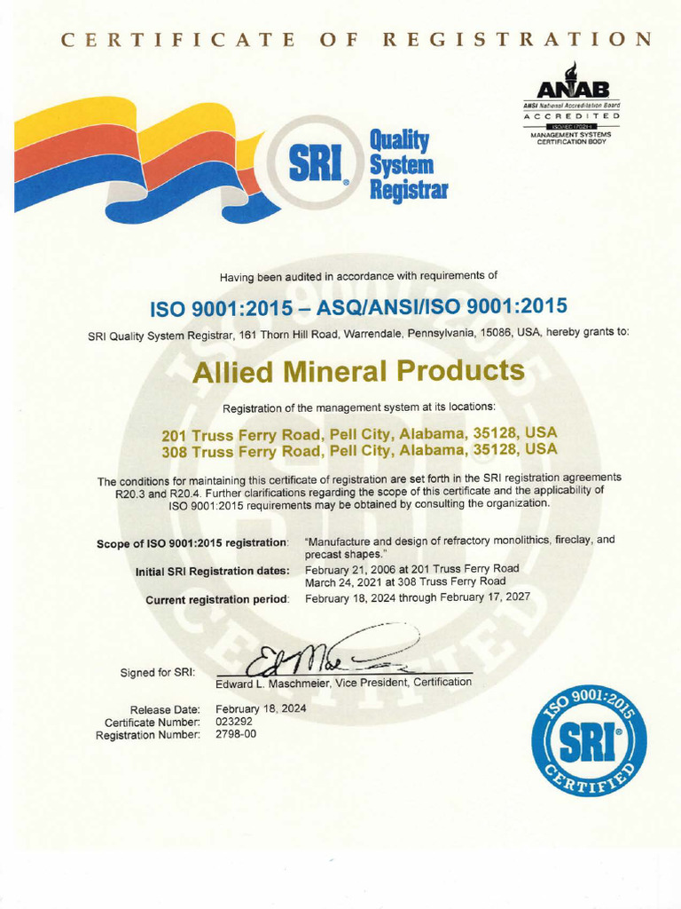 AlliedMineral - Alabama Plants ISO Cert 2027 | PDF