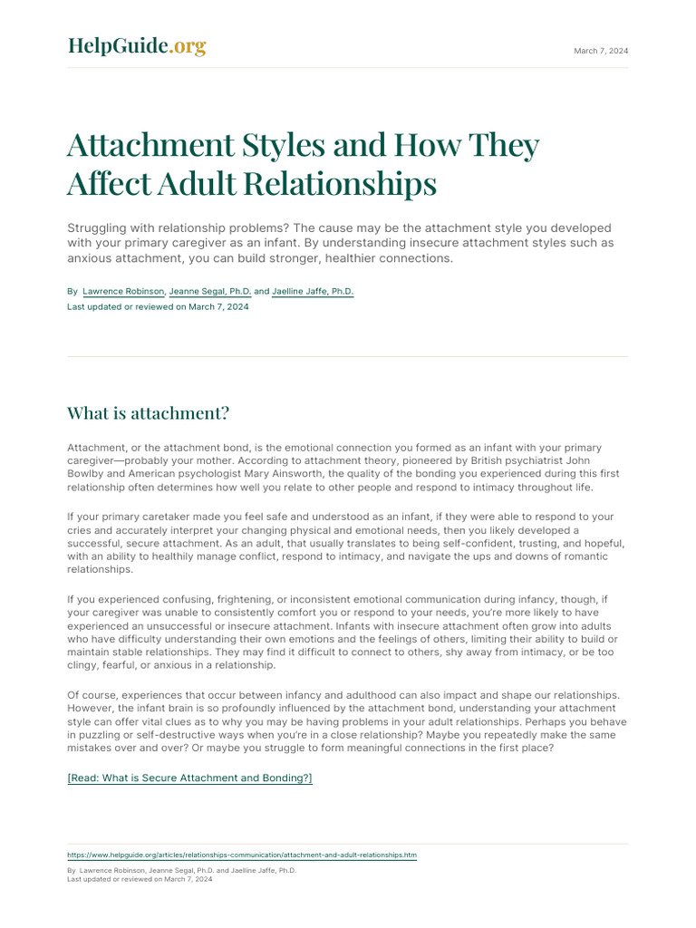 Attachment Styles and How They Affect Adult Relationships | PDF ...