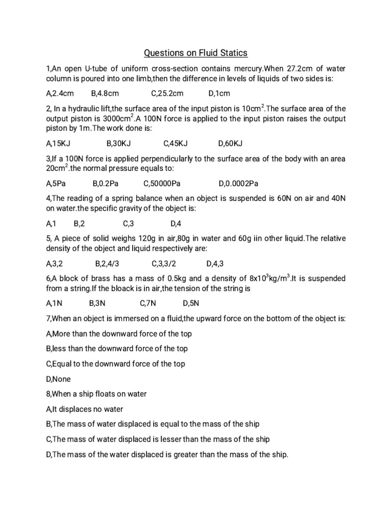 Exam Relates Questions On Fluid Statics | PDF