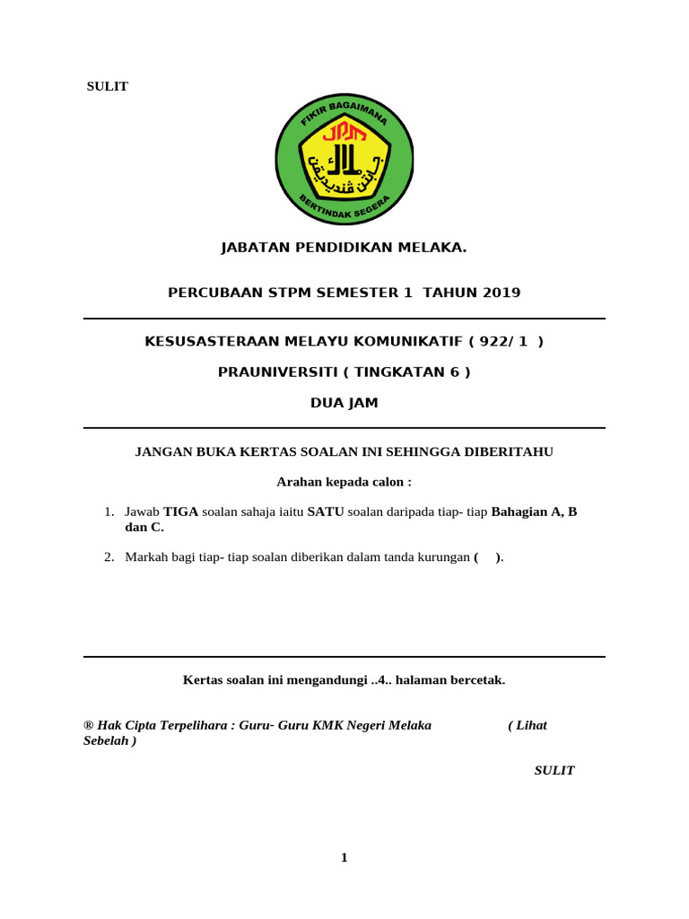 Soalan KMK 1 Melaka 2020 | PDF