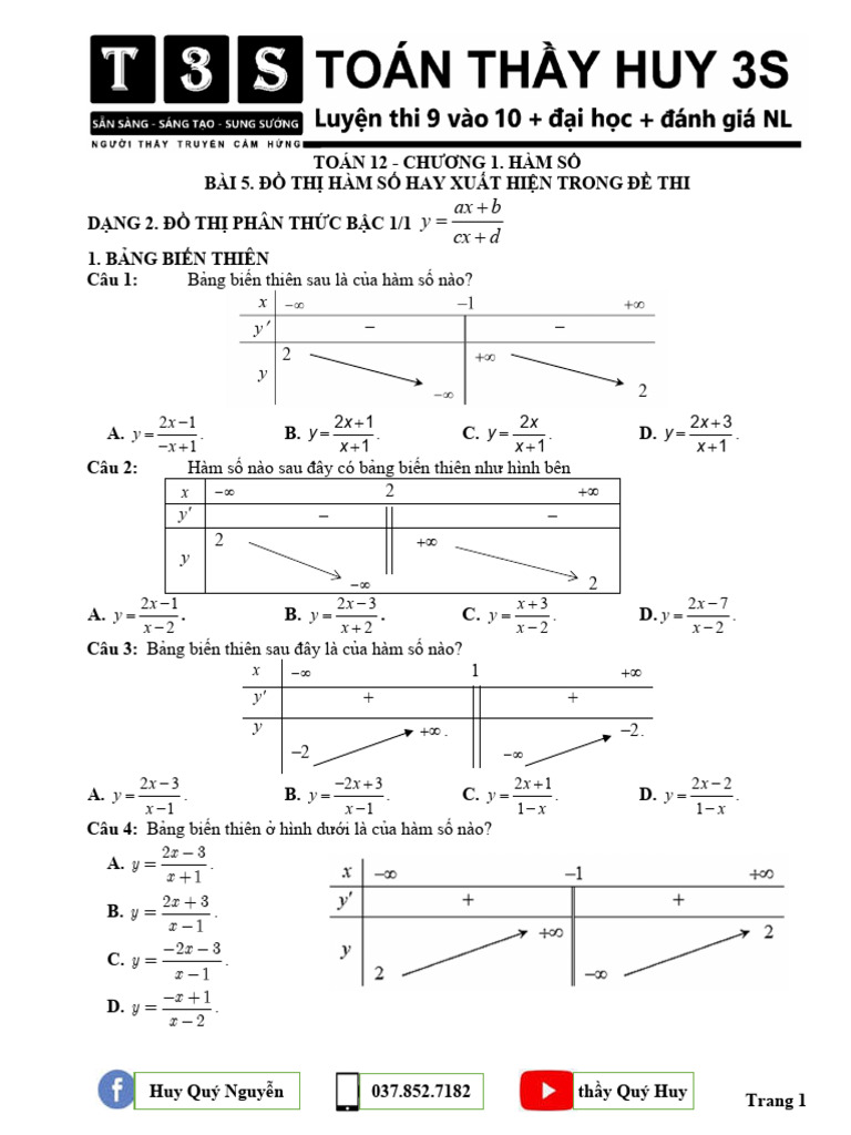 BTVN bài 5 dạng 2 Hàm số phân thức bậc nhất | PDF