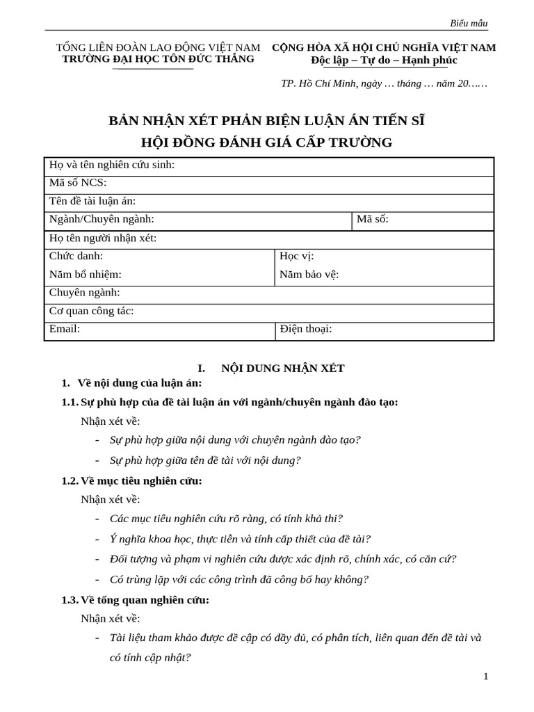 TDTU - TS - 29 - Nhan Xet Cua CBPB (HD Cap Truong) | PDF