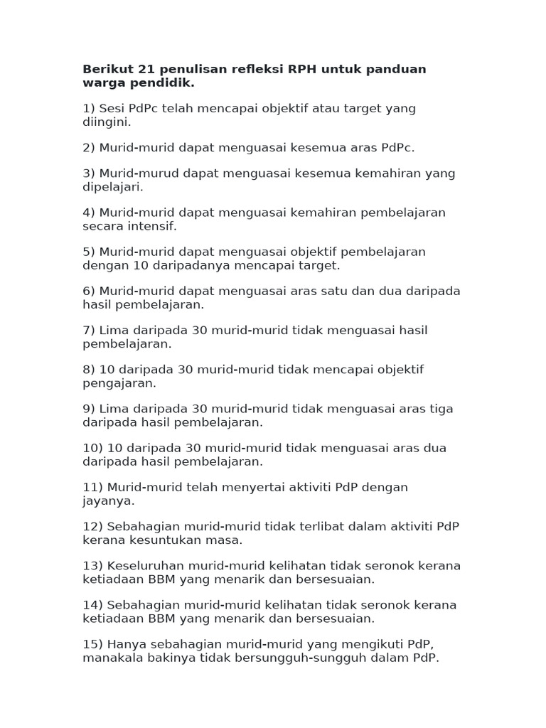 Berikut 21 Penulisan Refleksi RPH Untuk Panduan Wa | PDF