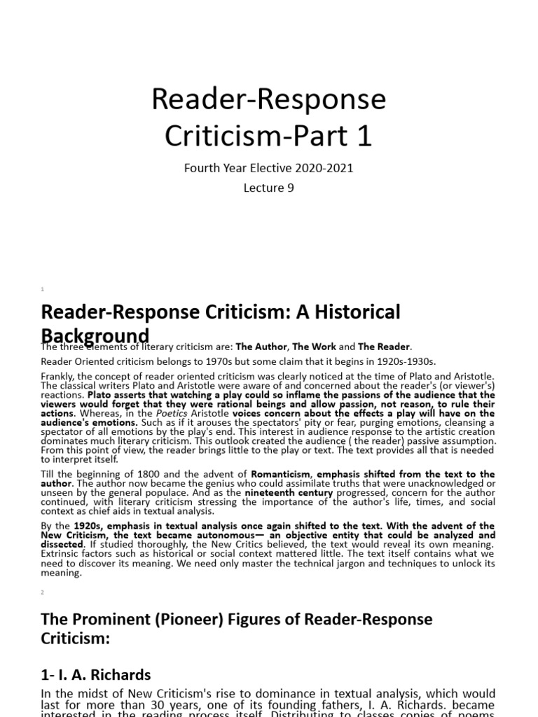 Lecture 9 Reader-Response Criticism | PDF | Human Communication | Cognition