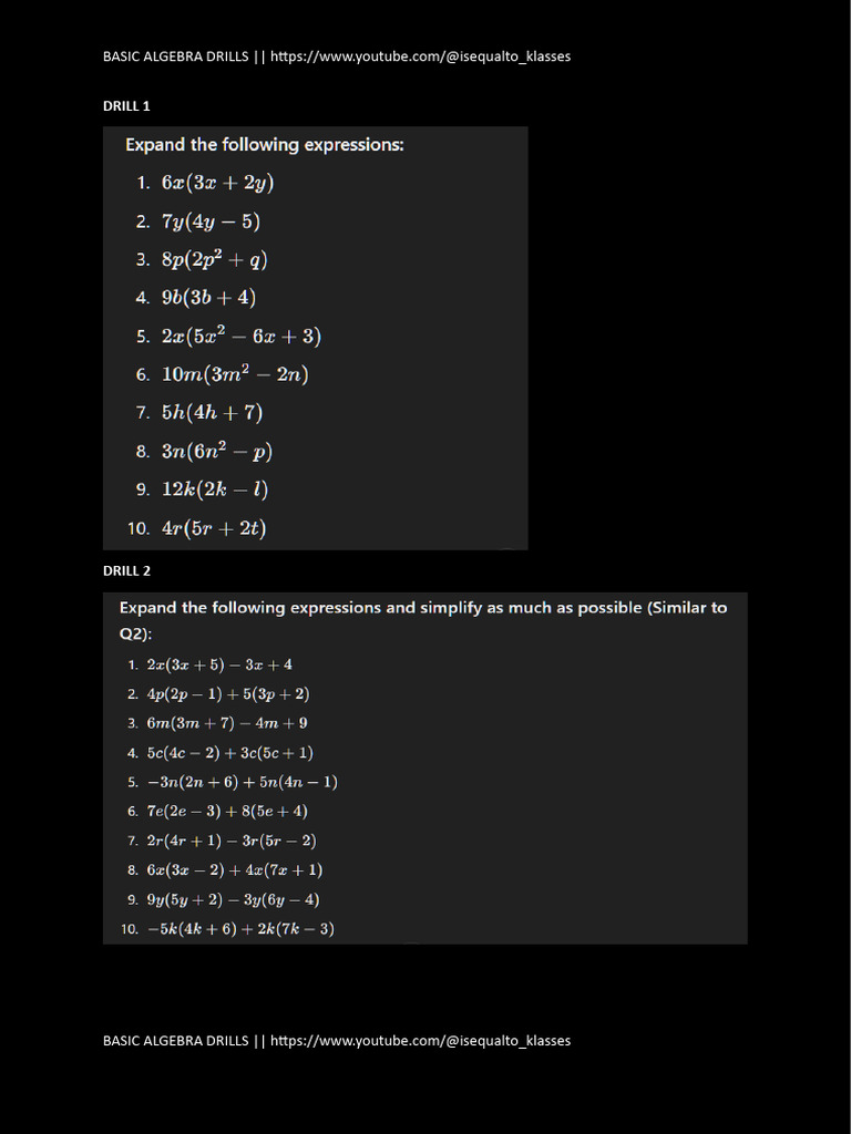 Basic Algebra Drills | PDF | Wellness
