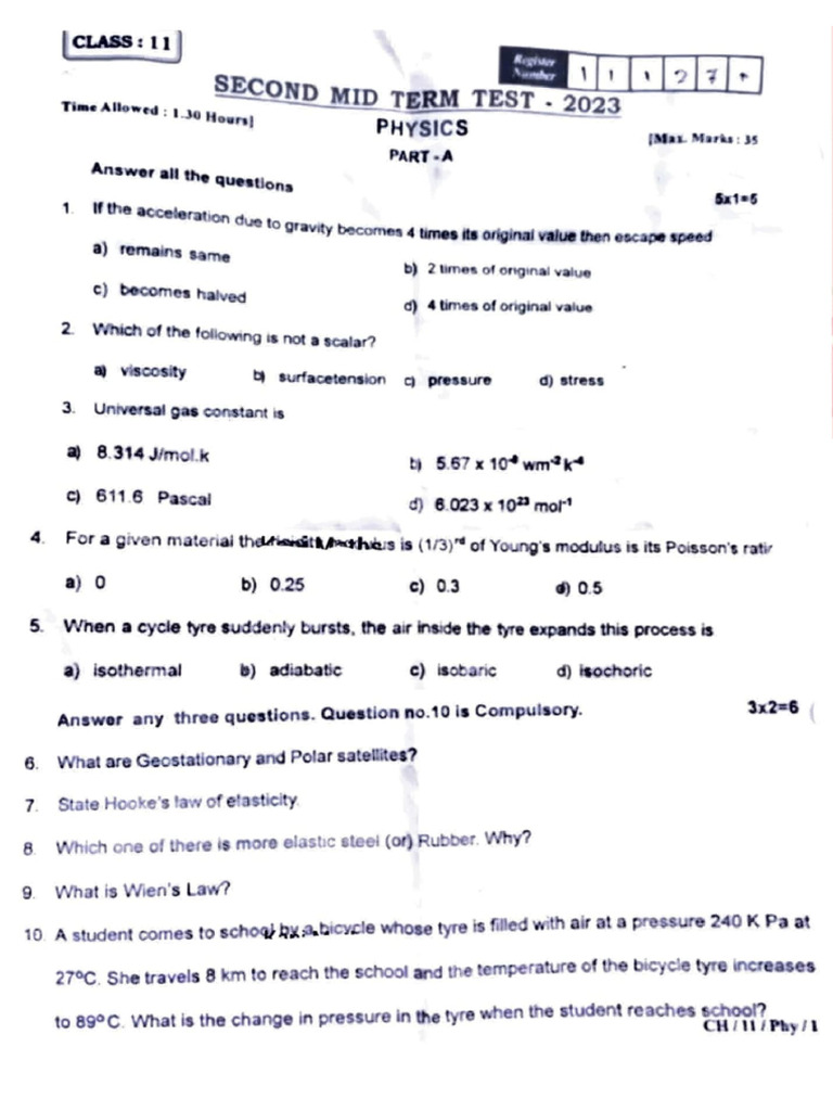11th Physics EM Second Mid Term Exam 2023 Question Paper Dindigul District English Medium PDF ...