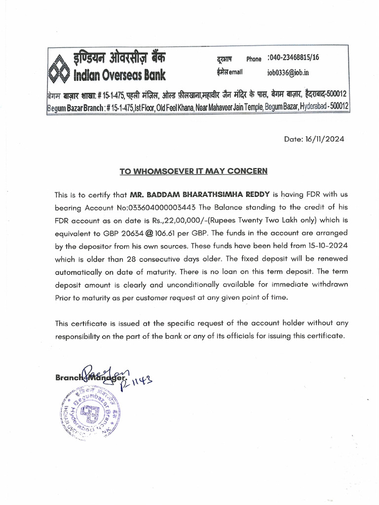 Baddam Bharath Simha FDR Letter | PDF