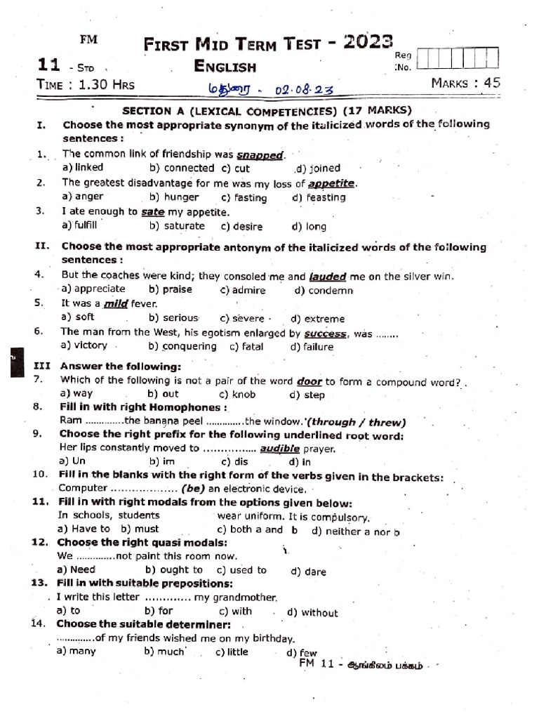 11th English 1st Mid Term Exam 2023 Original Question Paper Madurai ...