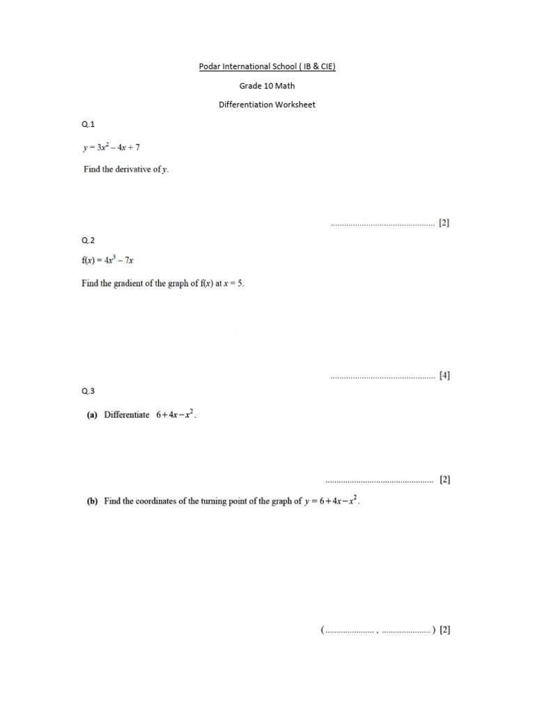 Differentiation Worksheet Pdf