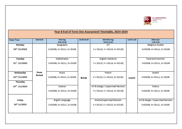 Year 8 End of Term One Assessment Timetable - 2023-2024 | PDF | Social ...