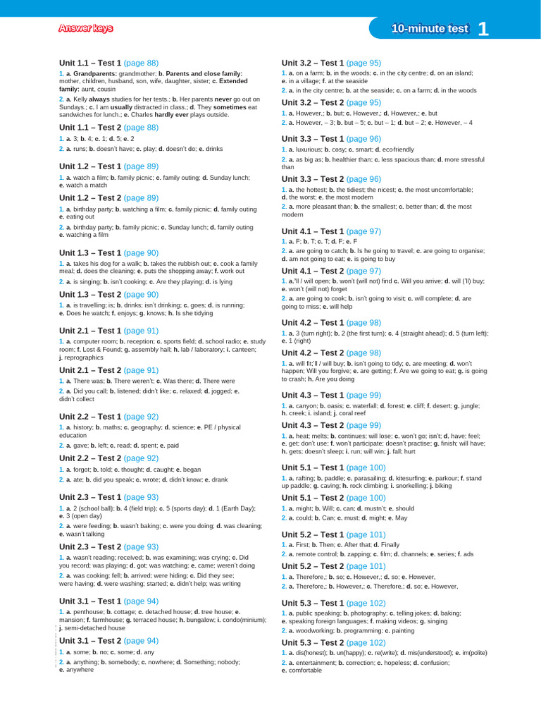 Enga7 10 Minute Tests Anwer Keys | PDF