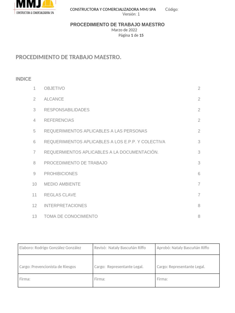 Procedimiento de Trabajo Maestro MMJ SPA | PDF | Albañilería