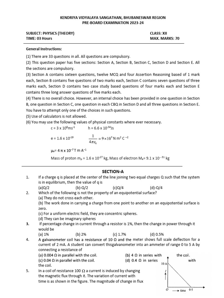 First Preboard Phy 2023-24 | PDF | Electric Generator | Optical Fiber