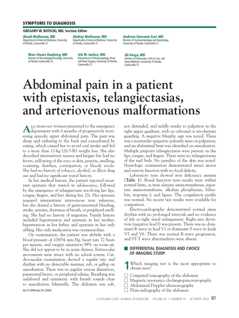 Abdominal Pain in A Patient With Epistaxis, Telangiectasias, and ...