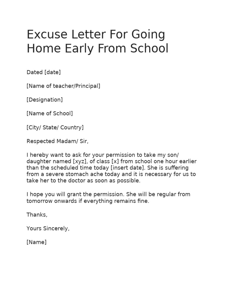 Excuse Letter For Going Home Early From School | PDF