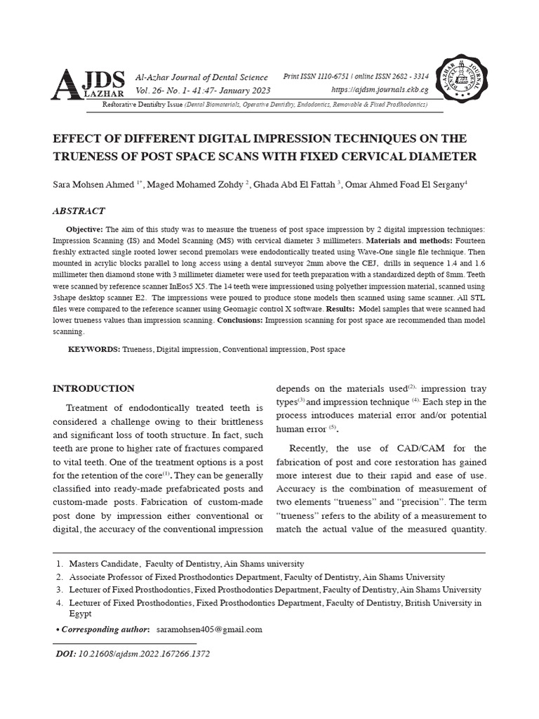 Effect of Different Digital Impression Techniques On Trueness of Post ...