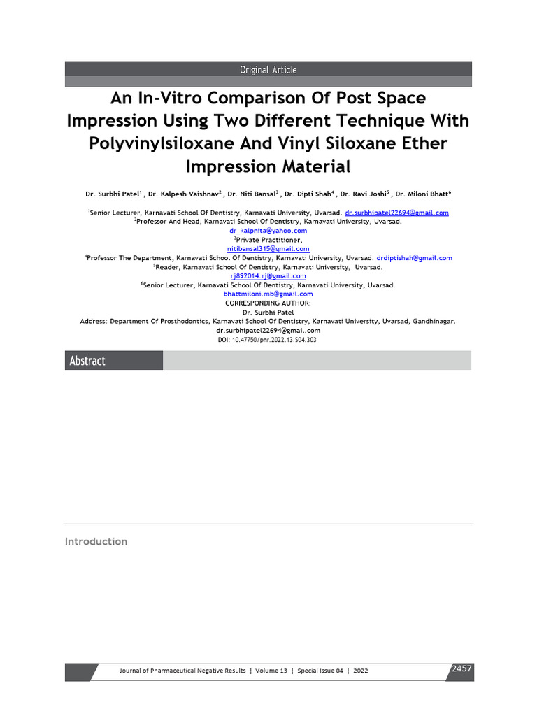In Vitro Comparison of Post Space Impression Using Two Different ...