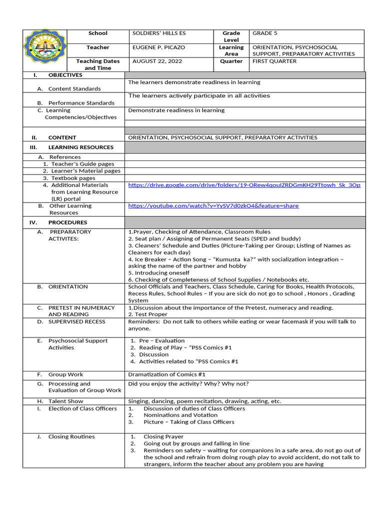 DLP Orientation Psychosocial Support Pretest Day 1 | PDF | Teachers ...