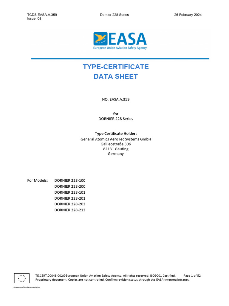 TCDS EASA A 359 Dornier 228 Issue 8 | PDF | Aviation | Aircraft