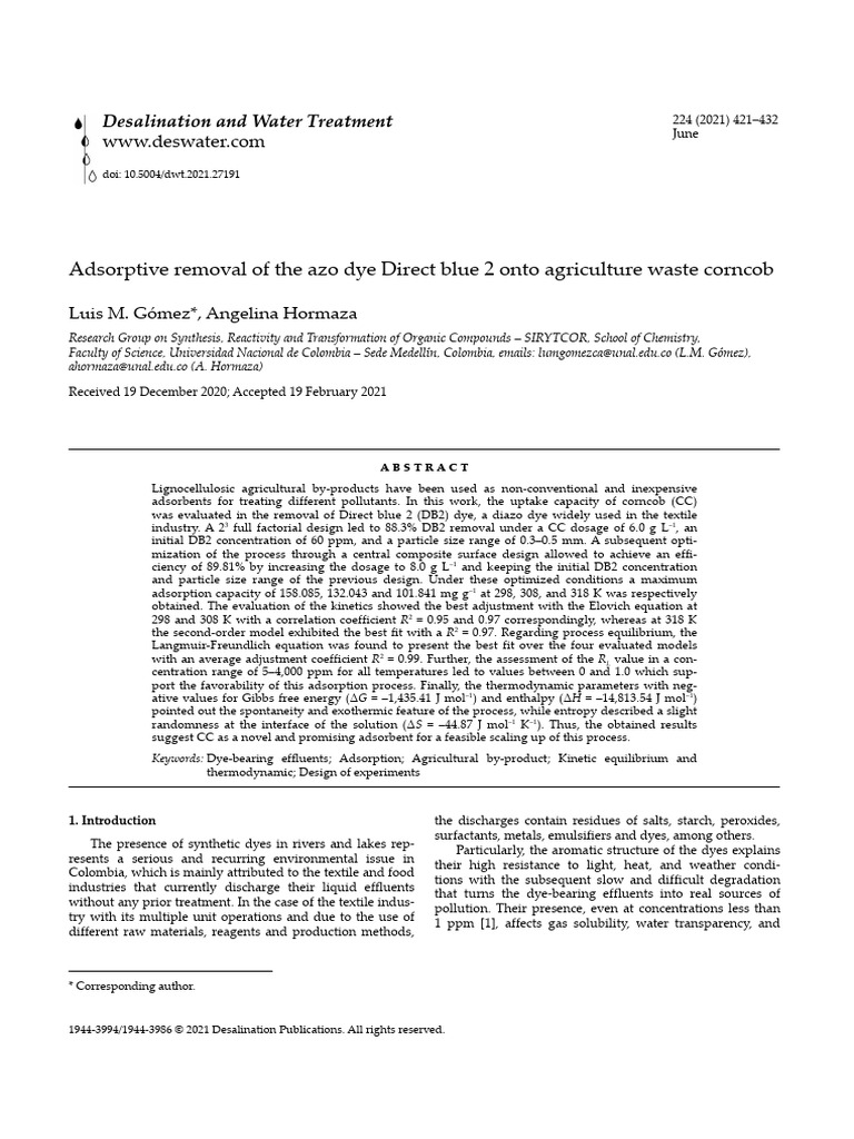 Adsorptive Removal of The Azo Dye Direct Blue | PDF | Adsorption | Physical Sciences