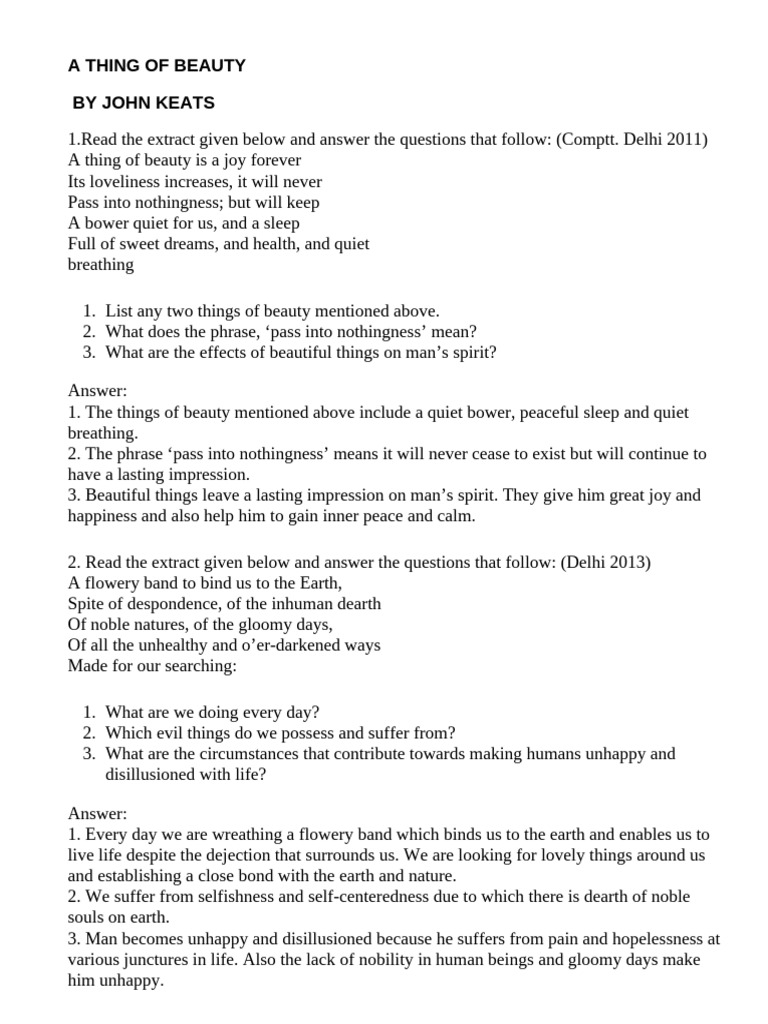 A Thing of Beauty Extraxt Based Questions and Answers | PDF | Religion ...