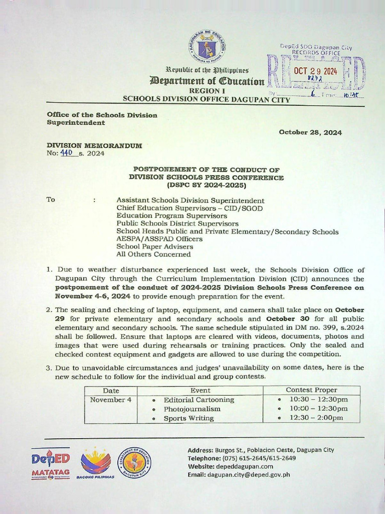 DIV MEMO NO 440 s2024 POSTPONEMENT OF THE CONDUCT OF DIVISION SCHOOLS ...
