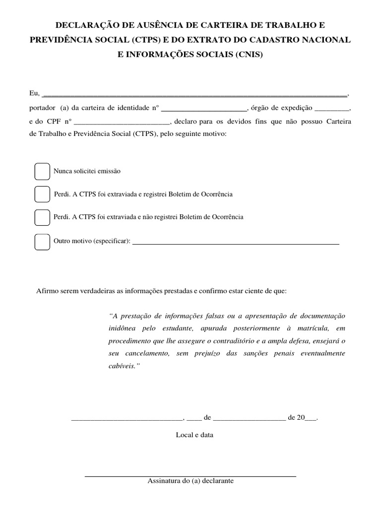 Modelo - DECLARAÃ Ã O DE AUSÃ NCIA DE CARTEIRA DE TRABALHO E CNIS | PDF