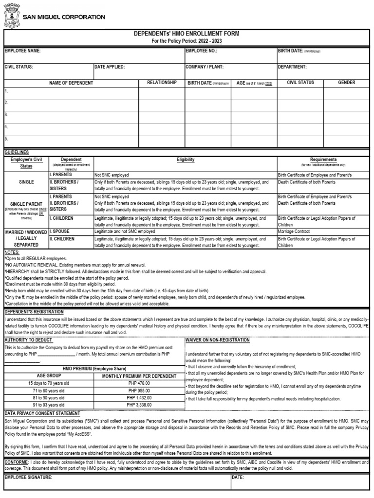 2022-2023 Dependents' HMO Enrollment Form | PDF | Birth Certificate ...