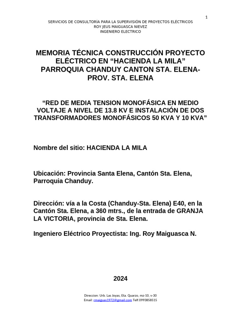 Memoria Tecnica - Hacienda La Mila | PDF | Transformador | Ingenieria Eléctrica