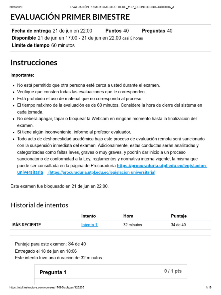 Evaluación Primer Bimestre - Dere - 1107 - Deontologia Juridica - A ...