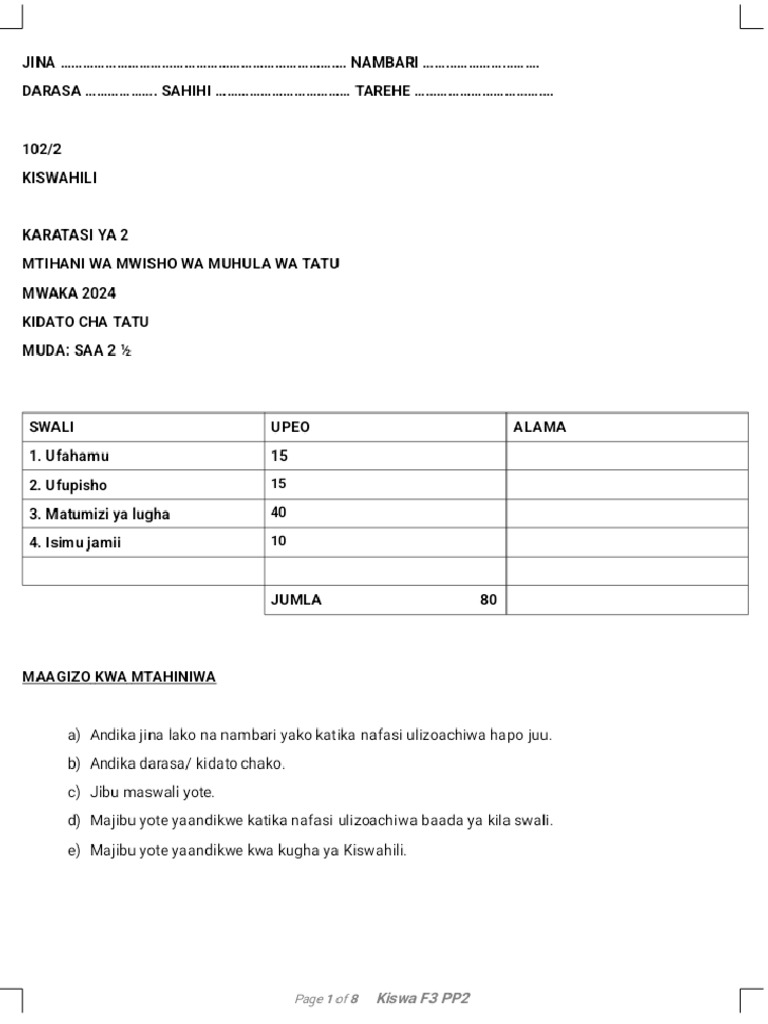 KISWAHILI F3 PP2 QS - Phoenix | PDF