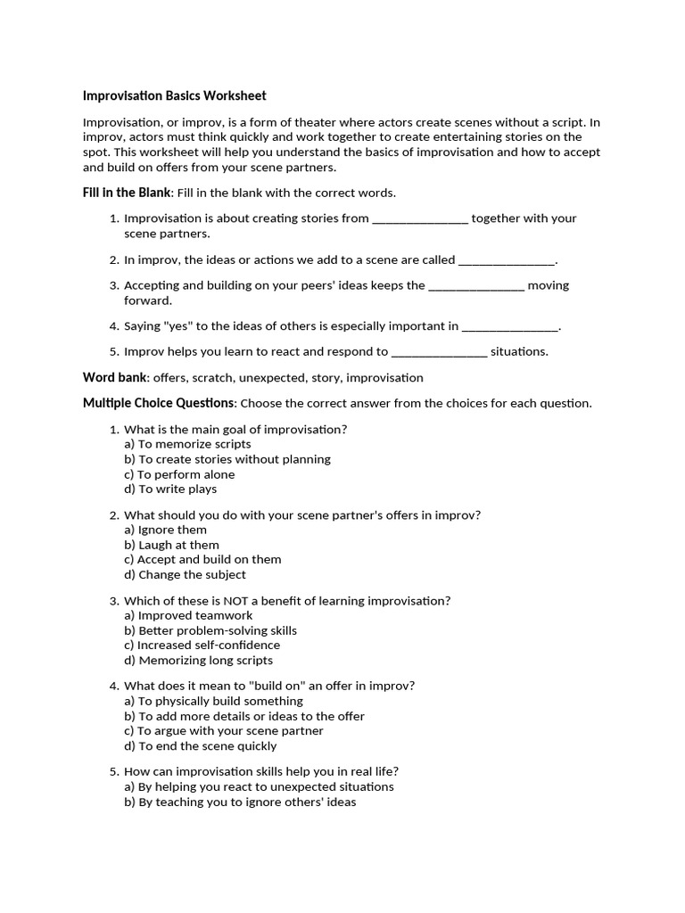 Day 1 improv alt quiz | PDF | Improvisational Theatre | Improvisation