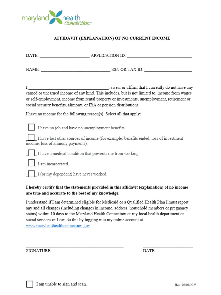 MHC Affidavit of No Current Income | PDF