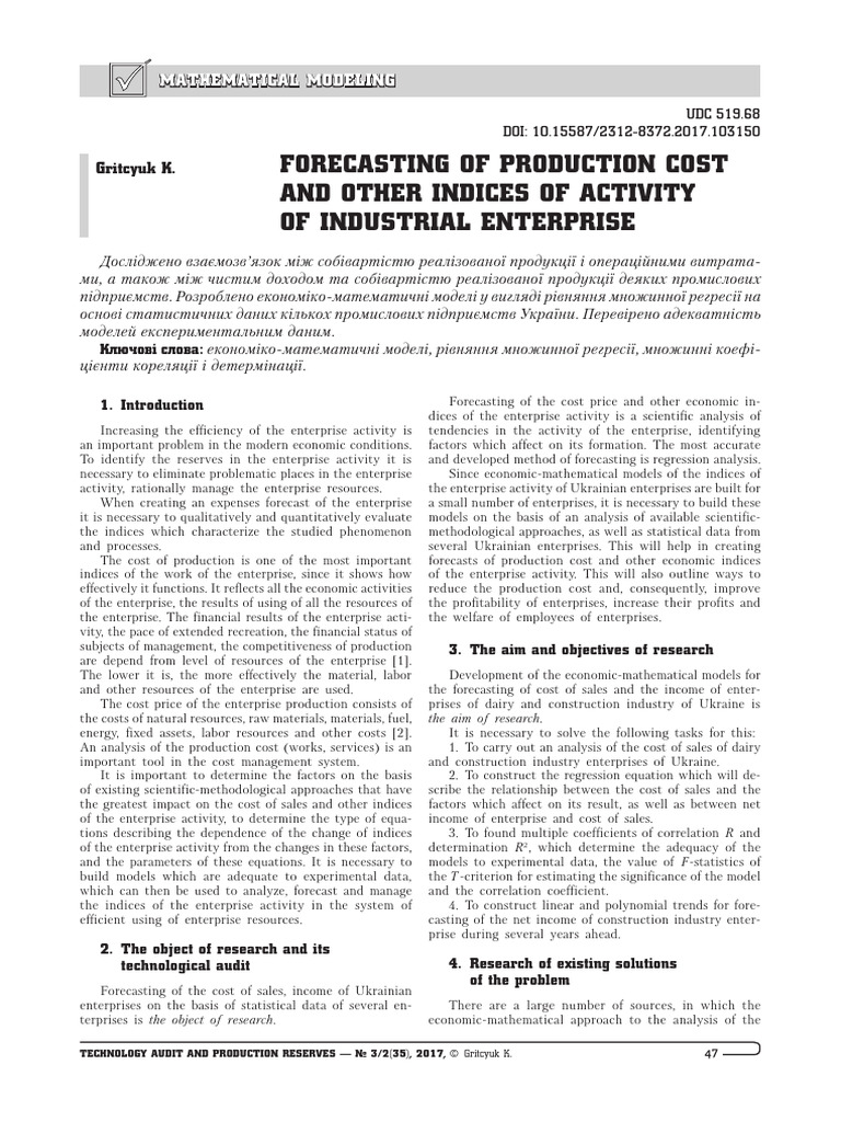 Forecasting of Production Cost and Other Indices o | PDF | Linear ...