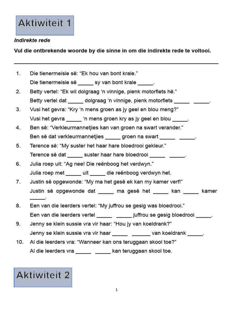 Aanlyn Klasse Direkte en Indirekte Rede Oefeninge 3 | PDF