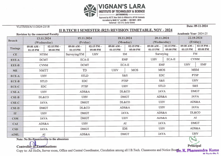 II B.Tech I Sem Revision Schedule | PDF