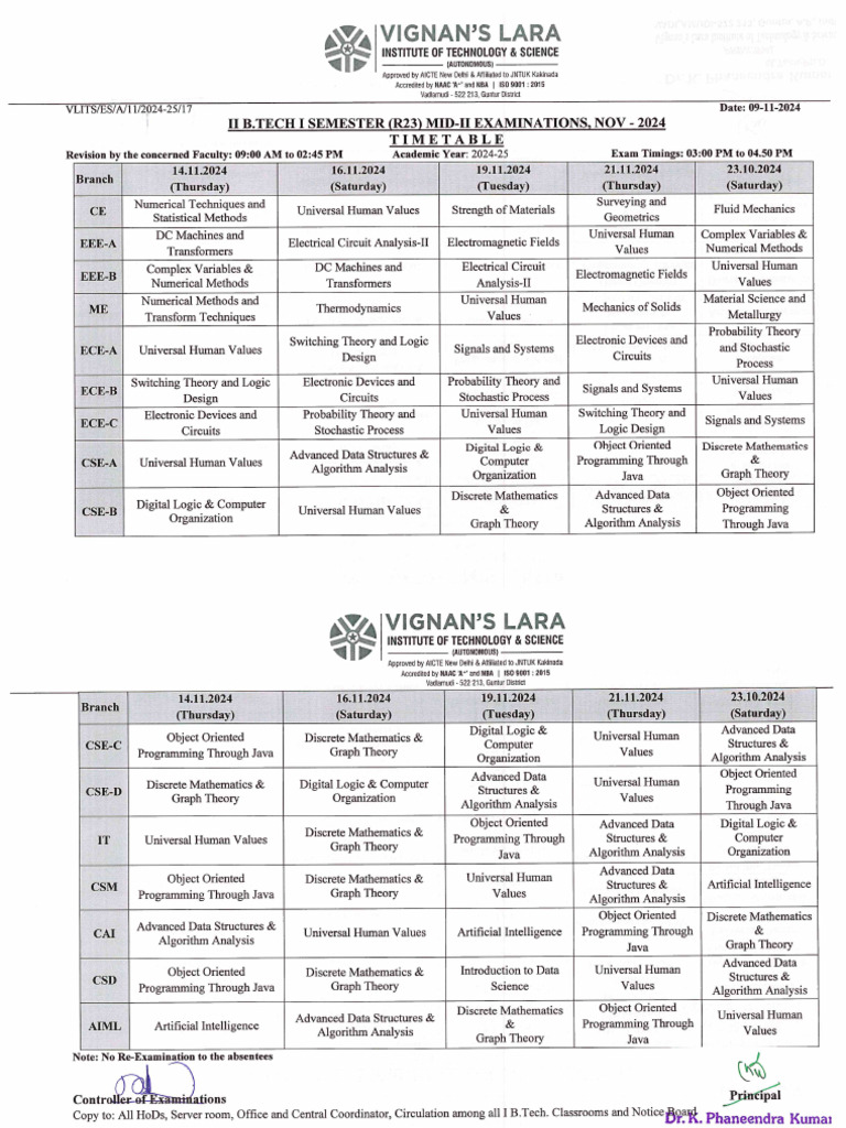II B.tech I Sem Mid-II Timetable | PDF