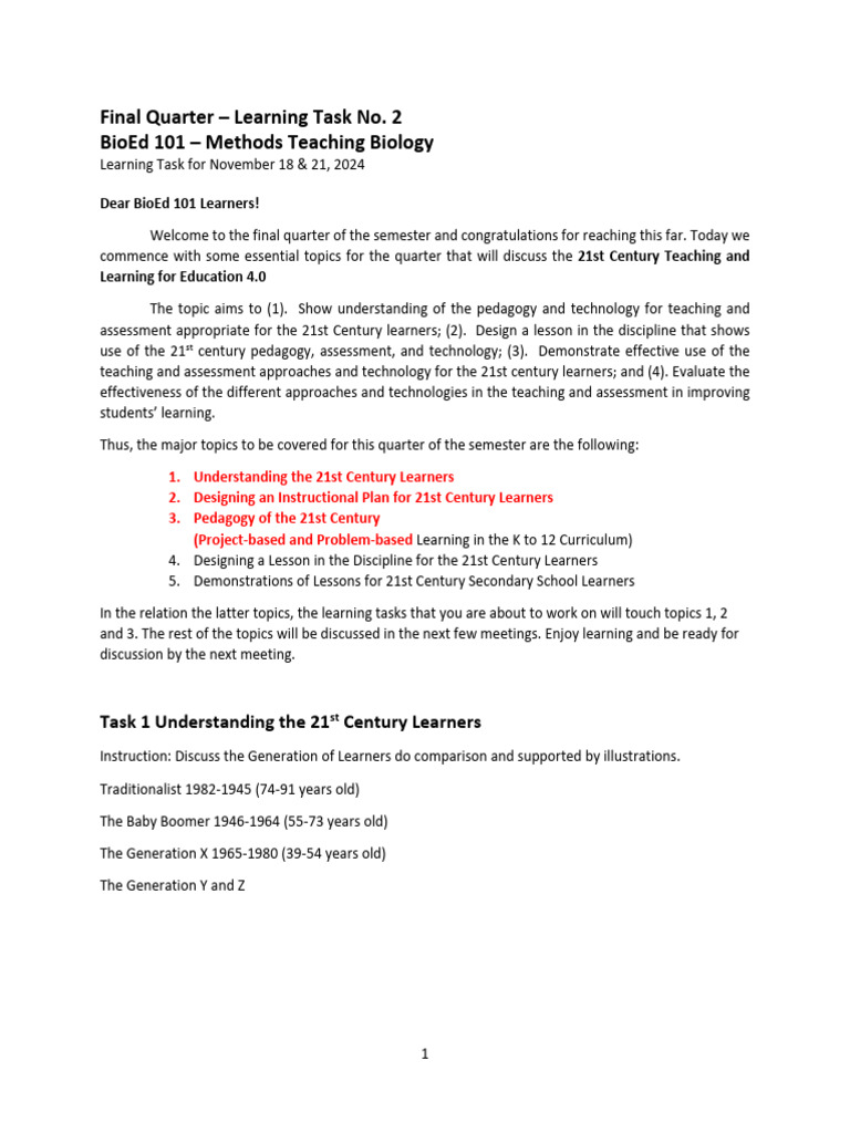 LT No. 2 Learning Task on 21st Century Teaching and Learning | PDF | Learning | Pedagogy