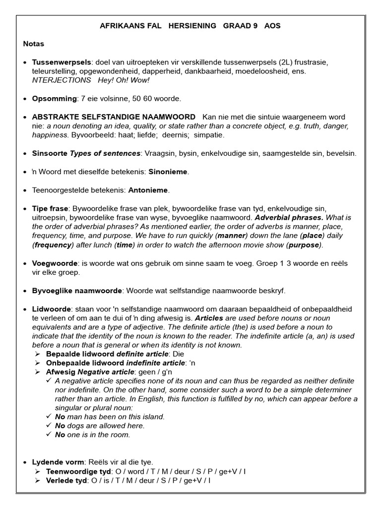 Afrikaans Fal Hersiening Graad 9 Aos | PDF