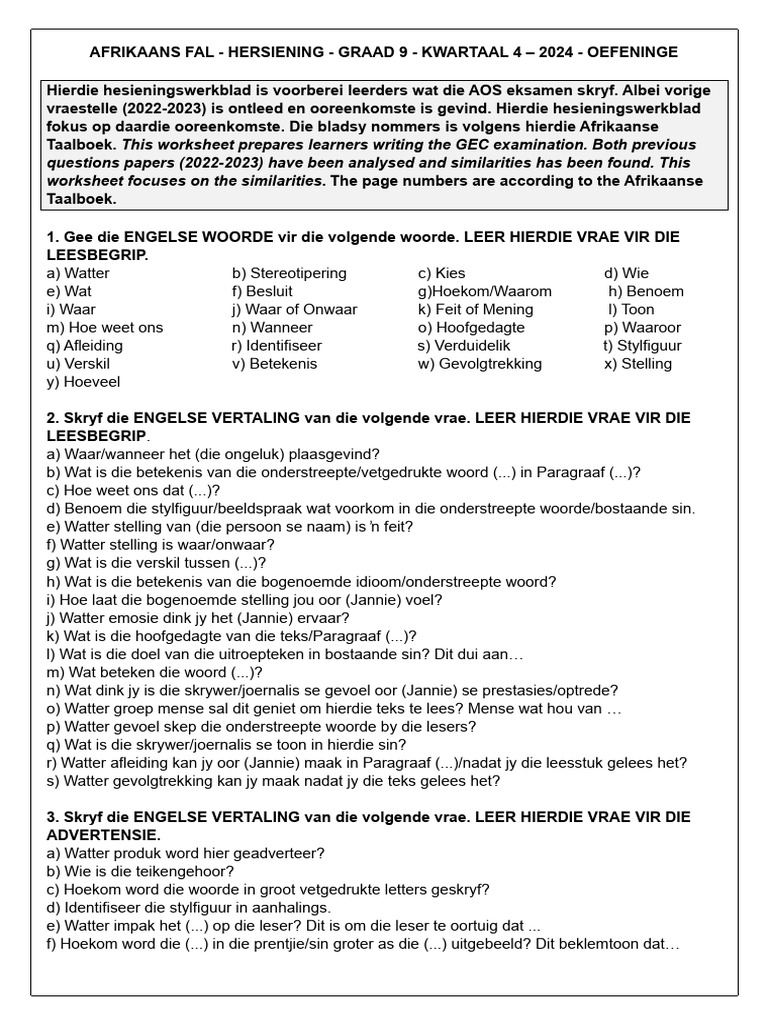 Afrikaans Fal - Hersiening - Graad 9 - Kwartaal 4 - 2024 Oefeninge | PDF