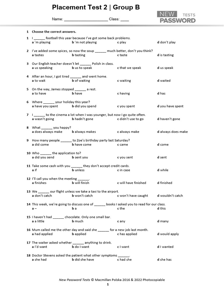 New Password Placement Test 2B | PDF